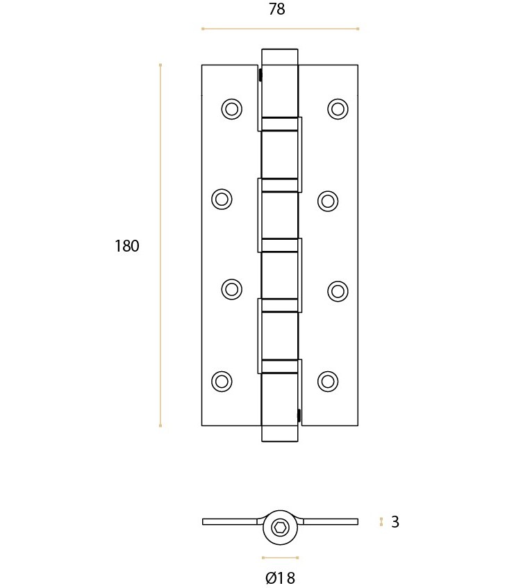 Charnière simple action en inox sur 5 roulements a billes 180 x 78 mm.