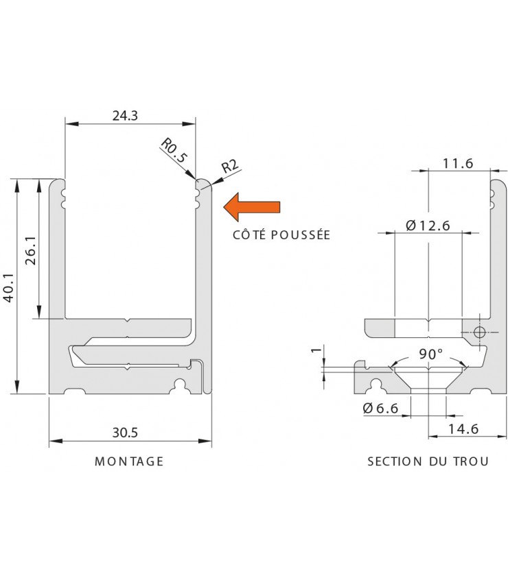 Profil aluminium avec parclose 40.1 x 30.5 x 40.1 mm série Super Pr...