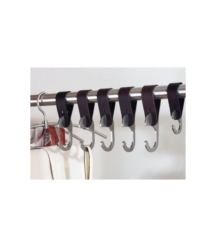 Patère lanière cuir naturel et crochet inox pour barre de penderie ...